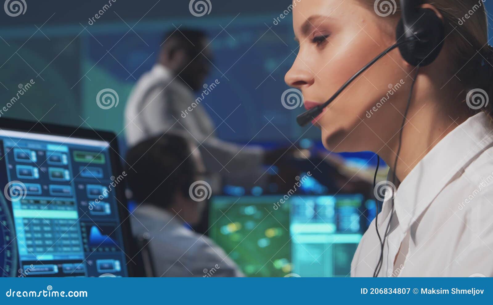 Workplace of the Air Traffic Controllers in the Control Tower. Diverse ...