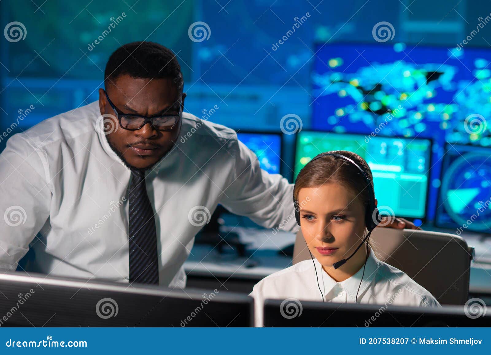 Workplace of the Air Traffic Controllers in the Control Tower. Diverse ...