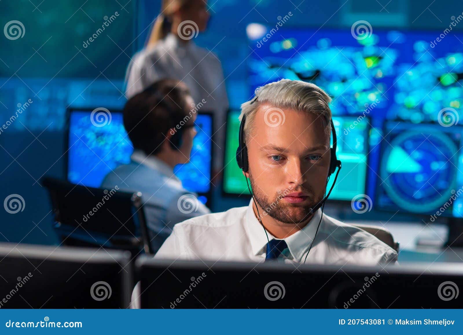 Workplace of the Air Traffic Controllers in the Control Tower. Diverse ...