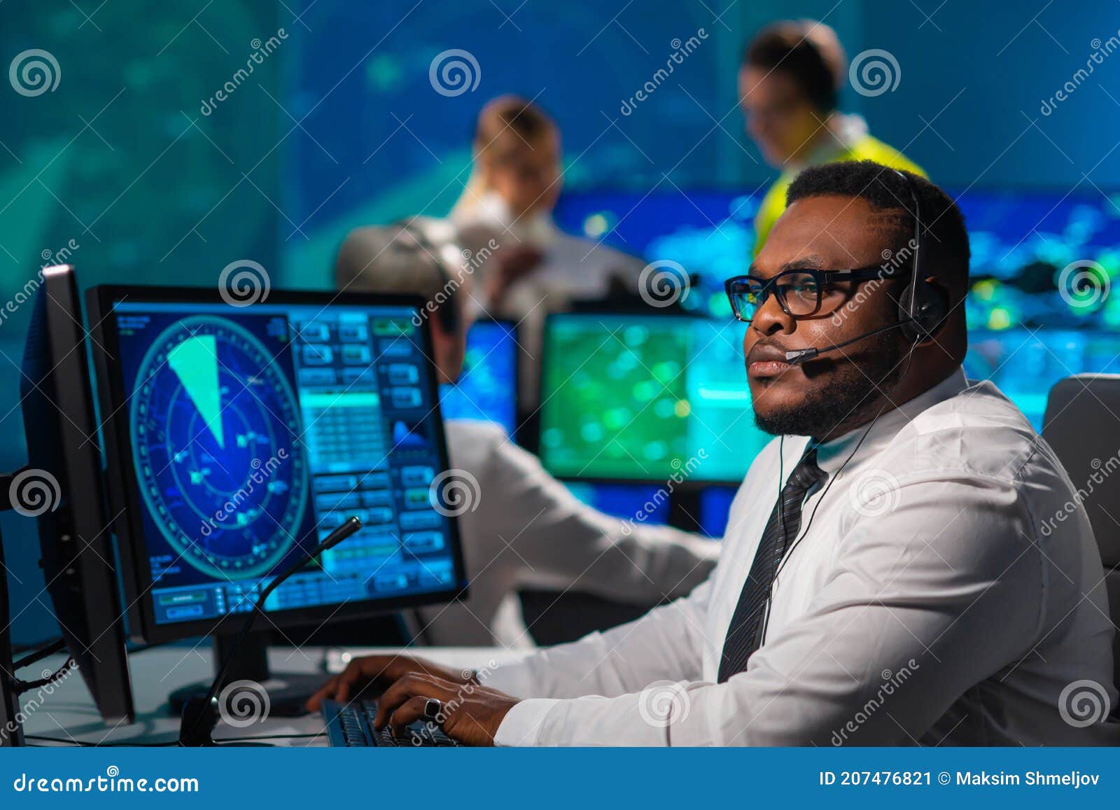 Workplace of the Air Traffic Controllers in the Control Tower. Diverse ...