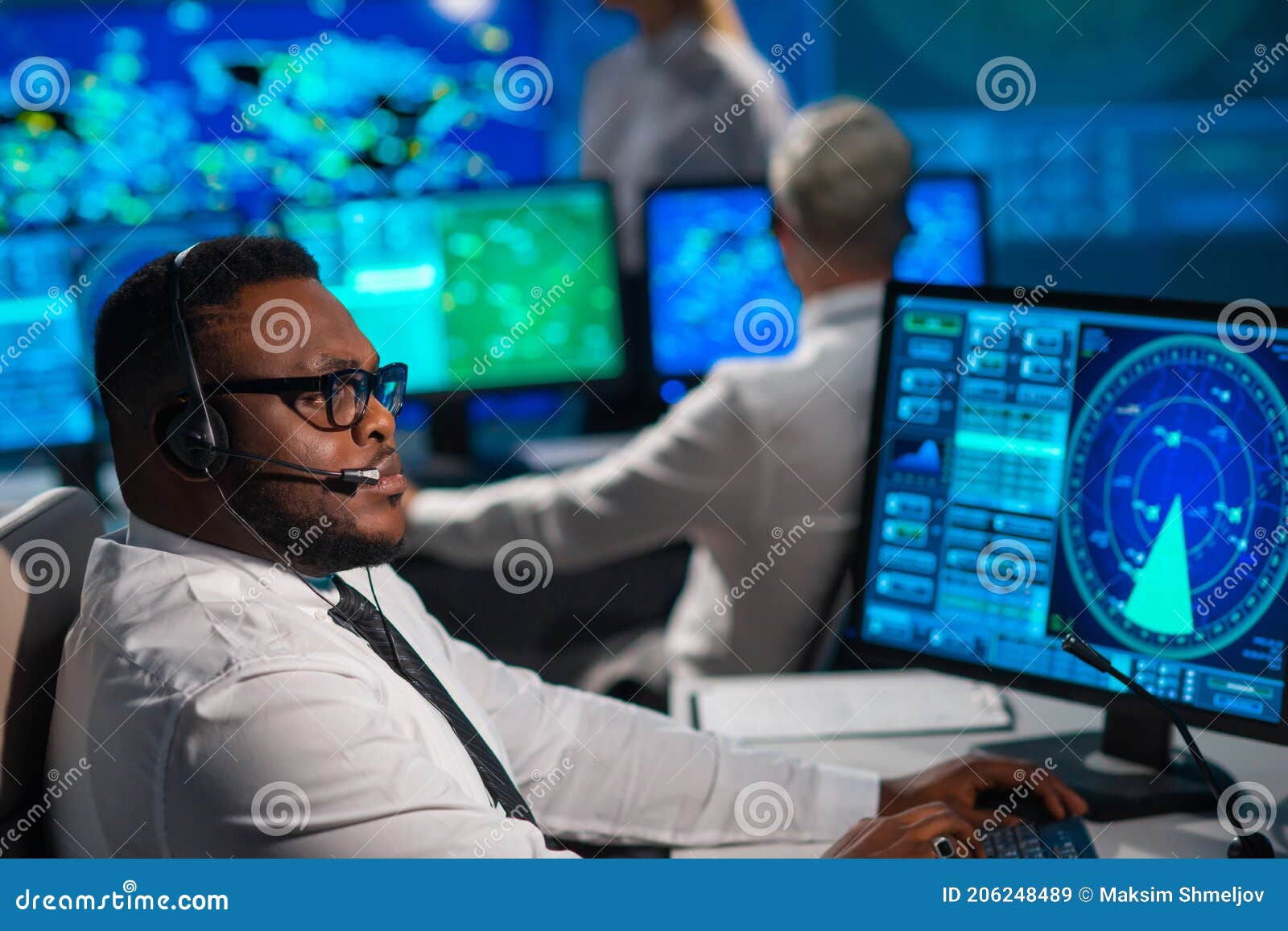 Workplace of the Air Traffic Controllers in the Control Tower. Diverse ...