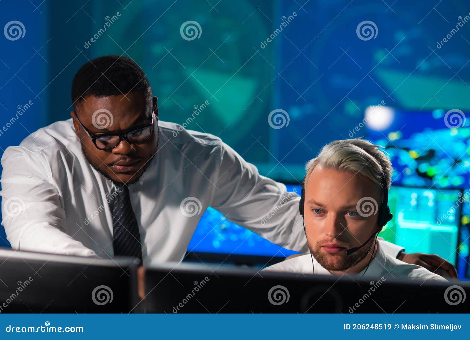 Workplace of the Air Traffic Controllers in the Control Tower. Diverse ...