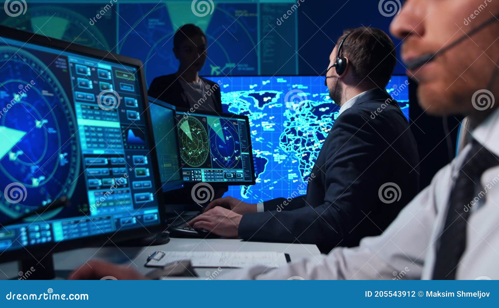 Workplace of the Air Traffic Controllers in the Control Tower. Team of ...