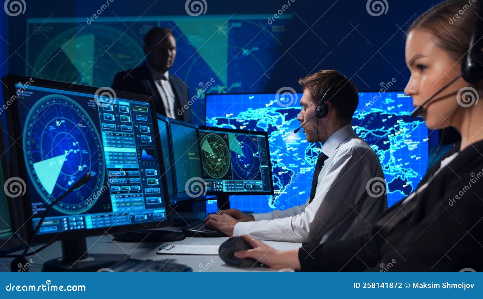 Workplace of the Air Traffic Controllers in the Control Tower. Team of ...