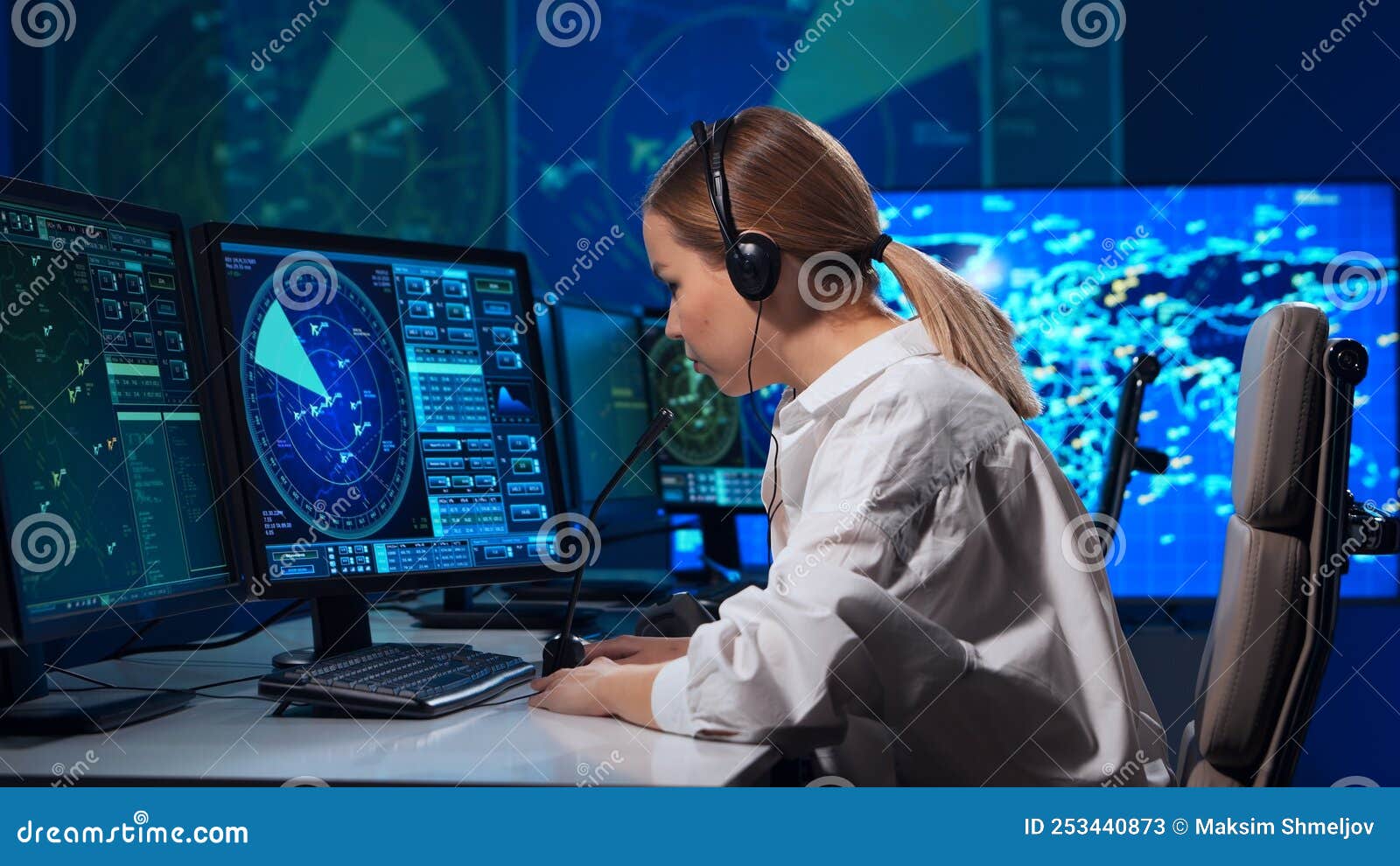 Workplace of the Air Traffic Controllers in the Control Tower. Team of ...