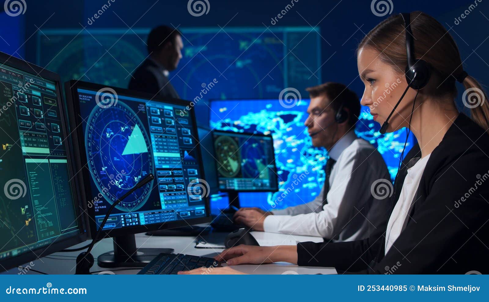 Workplace of the Air Traffic Controllers in the Control Tower. Team of ...