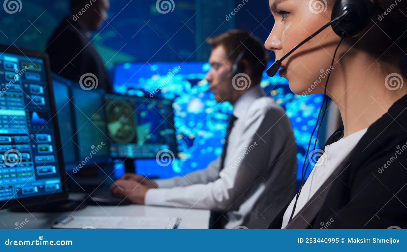 Workplace of the Air Traffic Controllers in the Control Tower. Team of ...