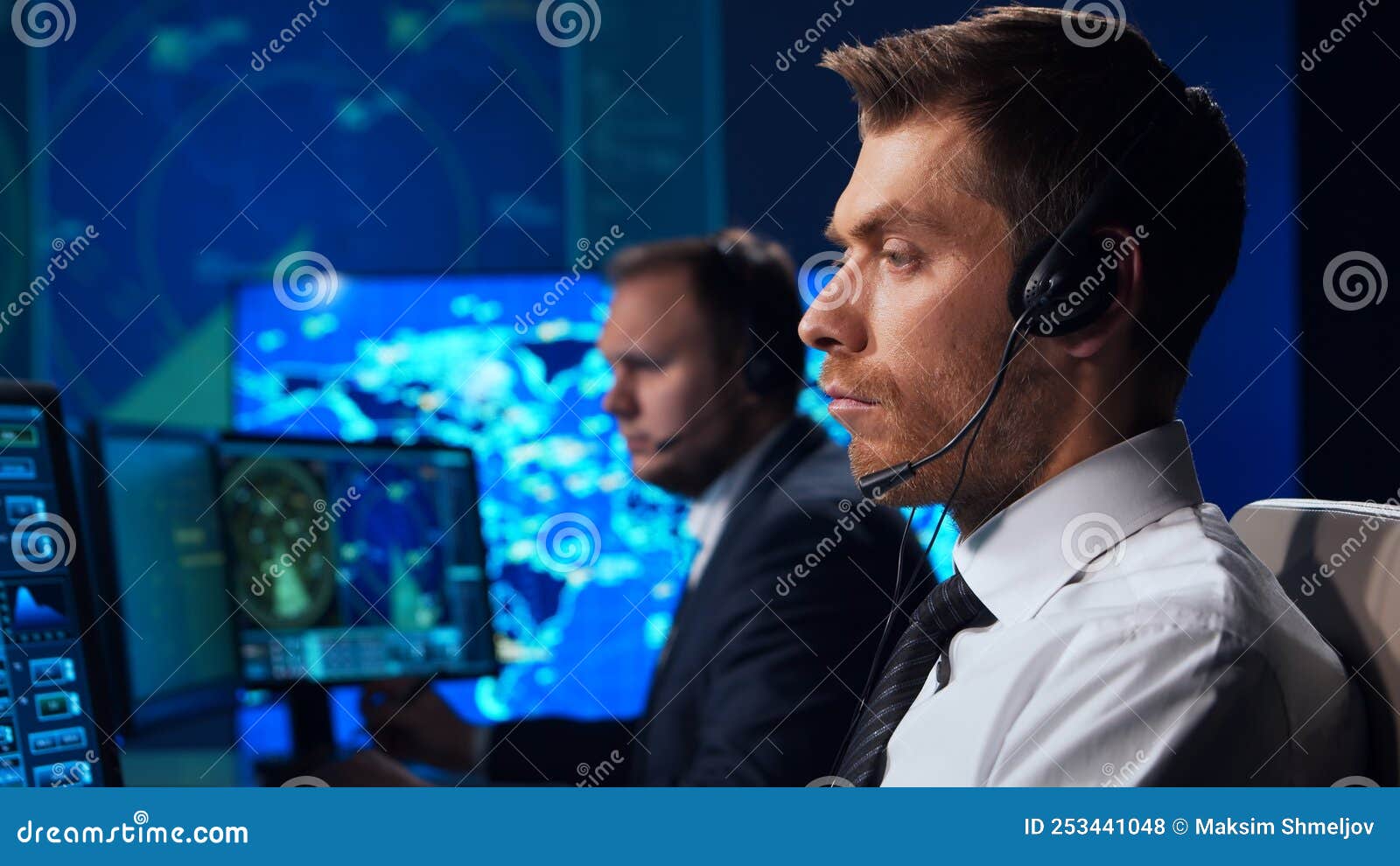 Workplace of the Air Traffic Controllers in the Control Tower. Team of ...
