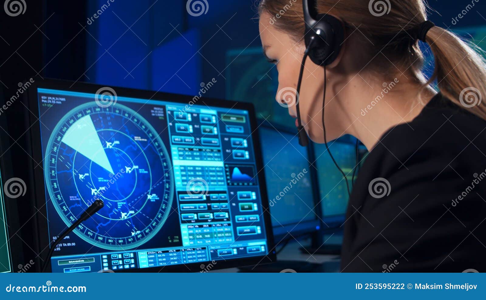 Workplace of the Air Traffic Controllers in the Control Tower. Team of ...