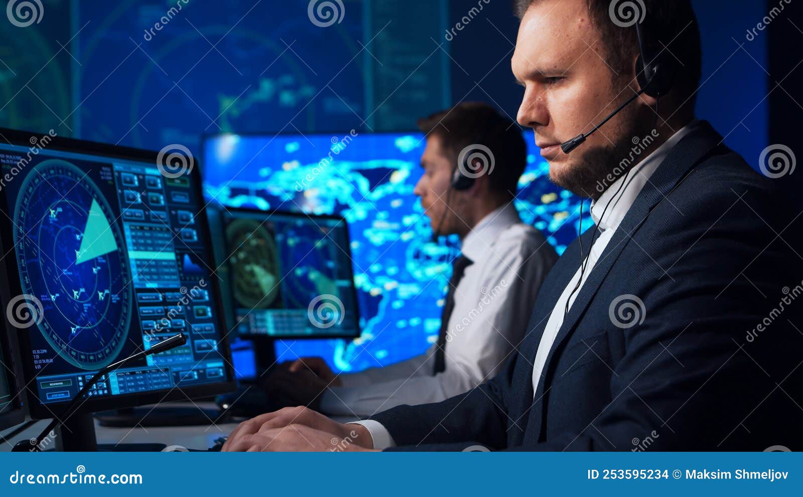 Workplace of the Air Traffic Controllers in the Control Tower. Team of ...