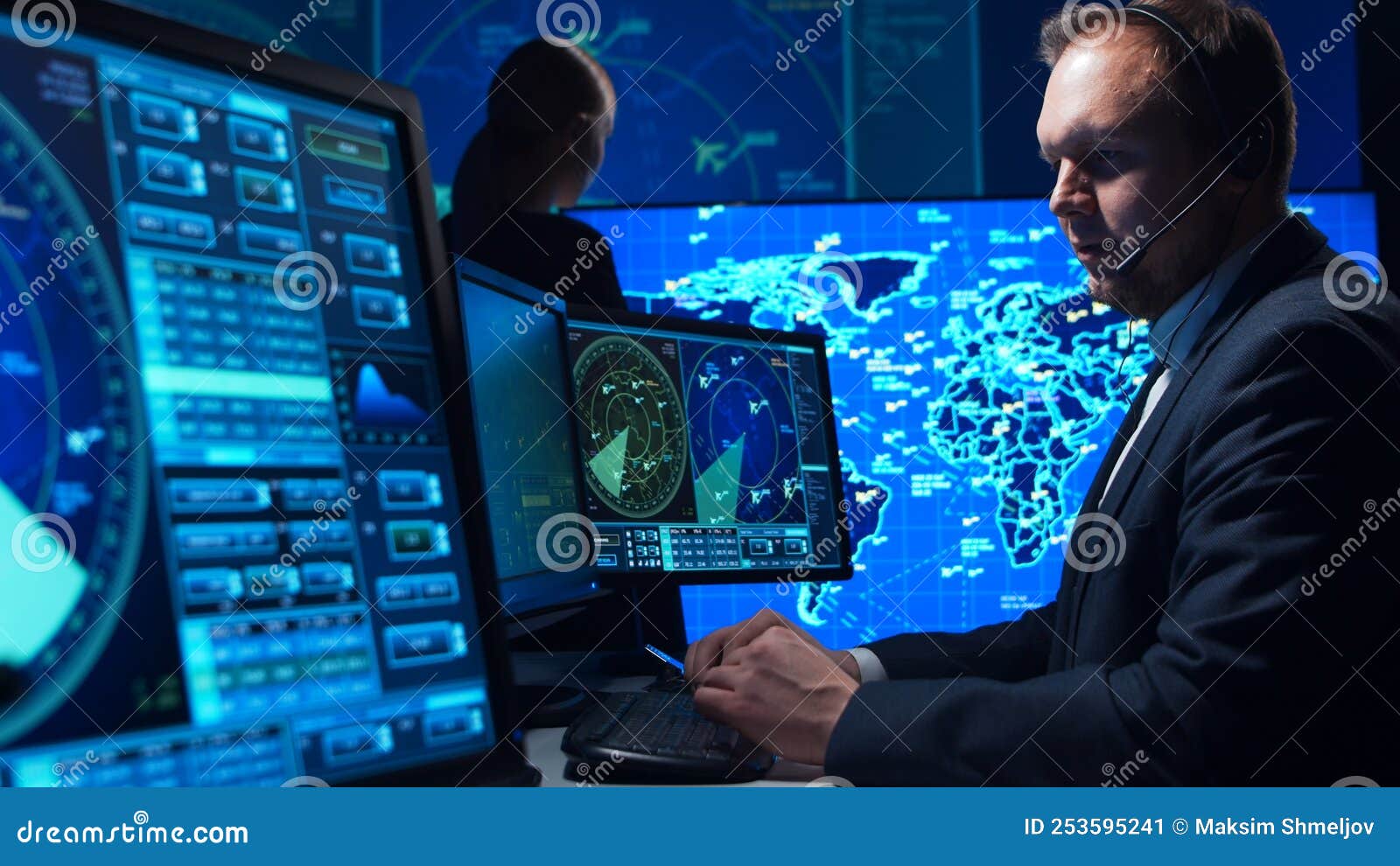 Workplace of the Air Traffic Controllers in the Control Tower. Team of ...
