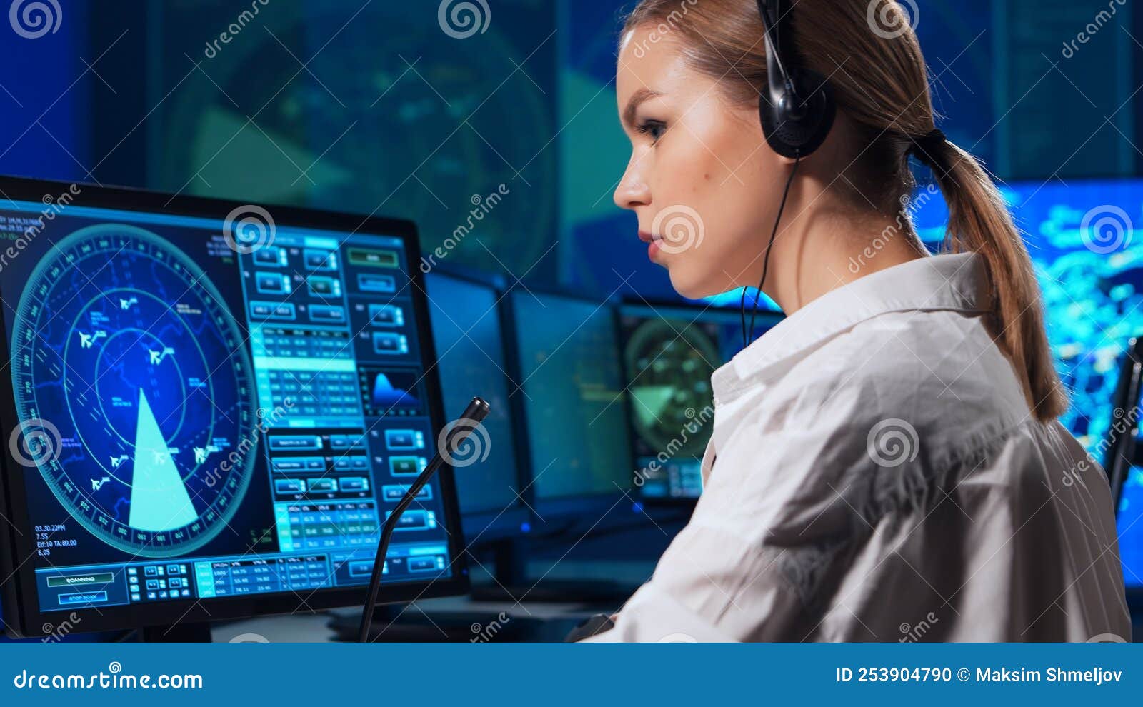 Workplace of the Air Traffic Controllers in the Control Tower. Team of ...