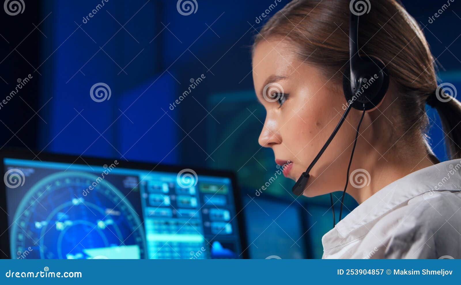 Workplace of the Air Traffic Controllers in the Control Tower. Team of ...