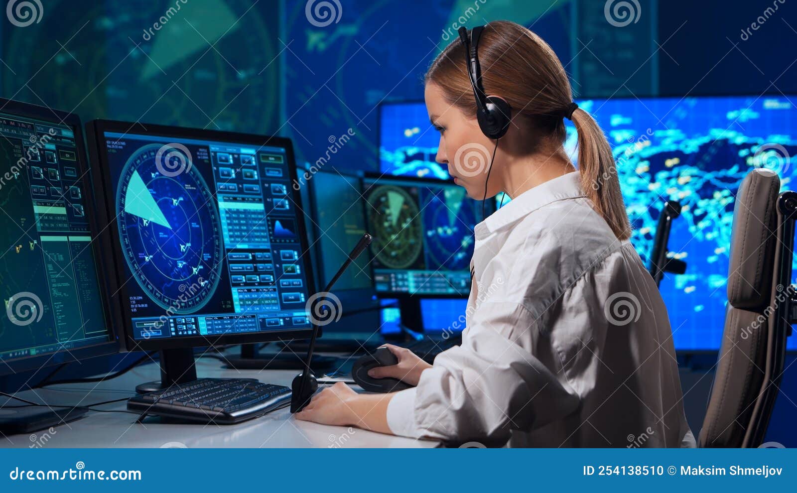 Workplace of the Air Traffic Controllers in the Control Tower. Team of ...