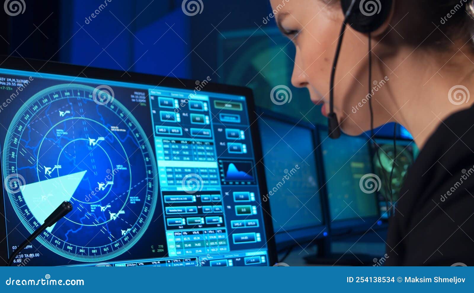 Workplace of the Air Traffic Controllers in the Control Tower. Team of ...