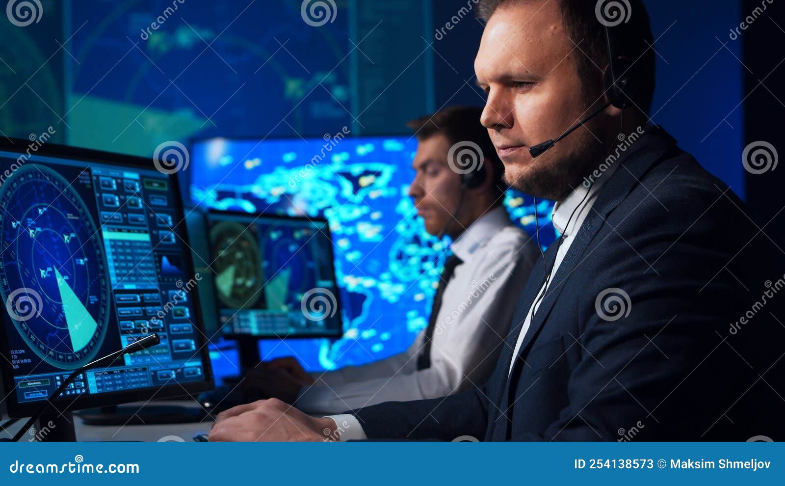 Workplace of the Air Traffic Controllers in the Control Tower. Team of ...