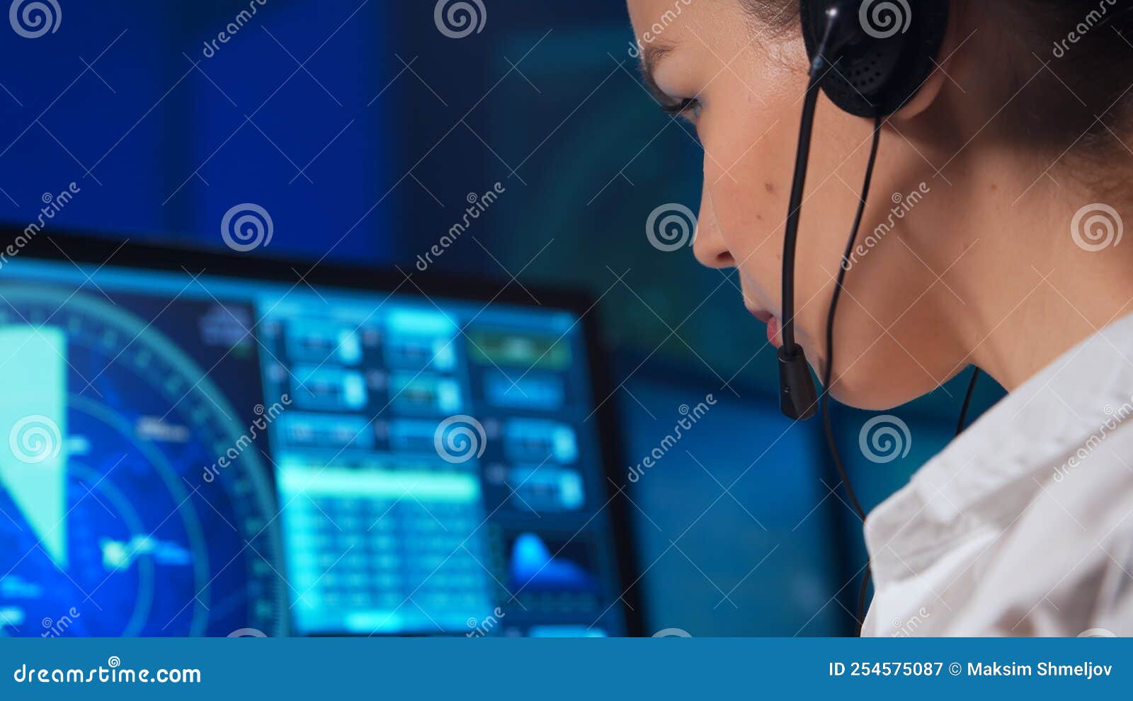 Workplace of the Air Traffic Controllers in the Control Tower. Team of ...