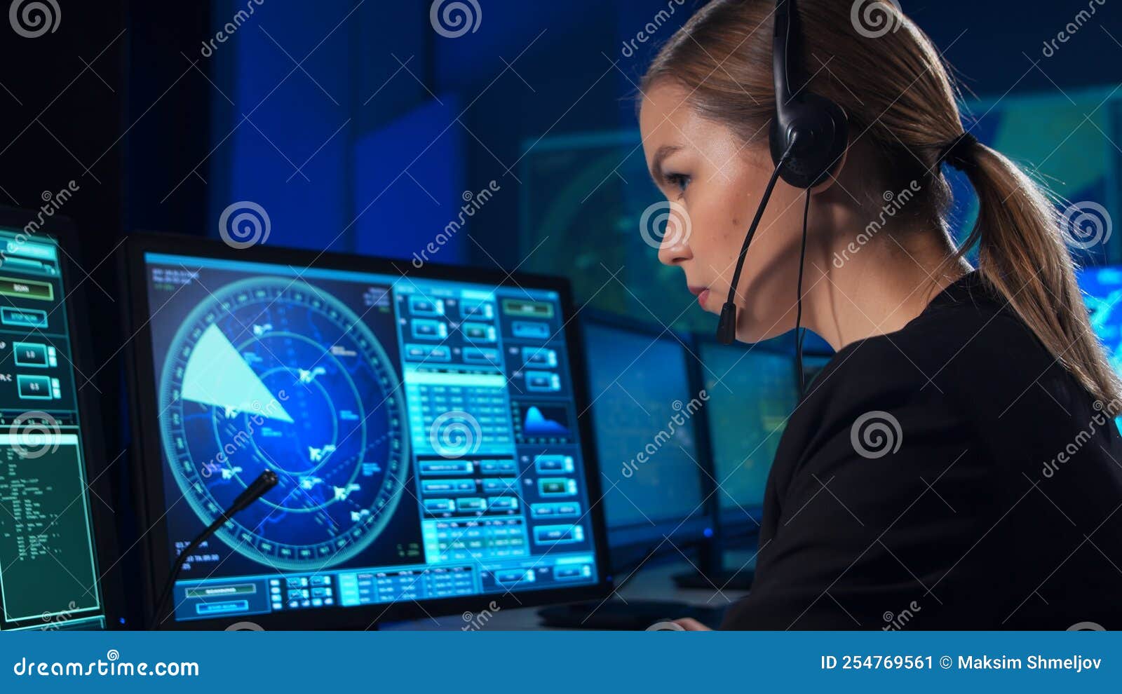 Workplace of the Air Traffic Controllers in the Control Tower. Team of ...