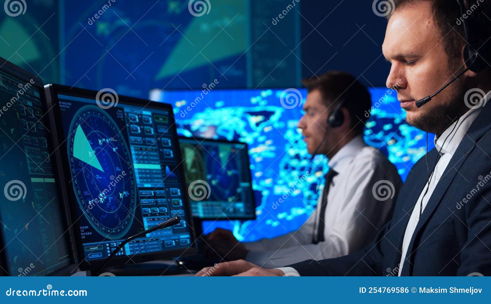 Workplace of the Air Traffic Controllers in the Control Tower. Team of ...