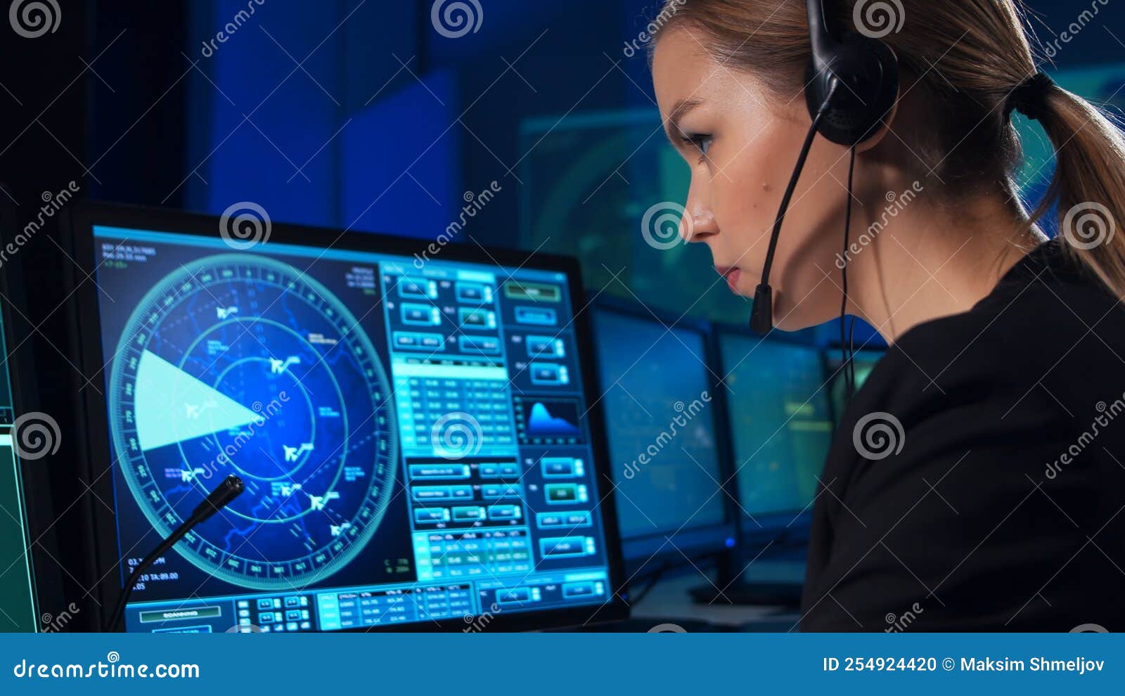 Workplace of the Air Traffic Controllers in the Control Tower. Team of ...