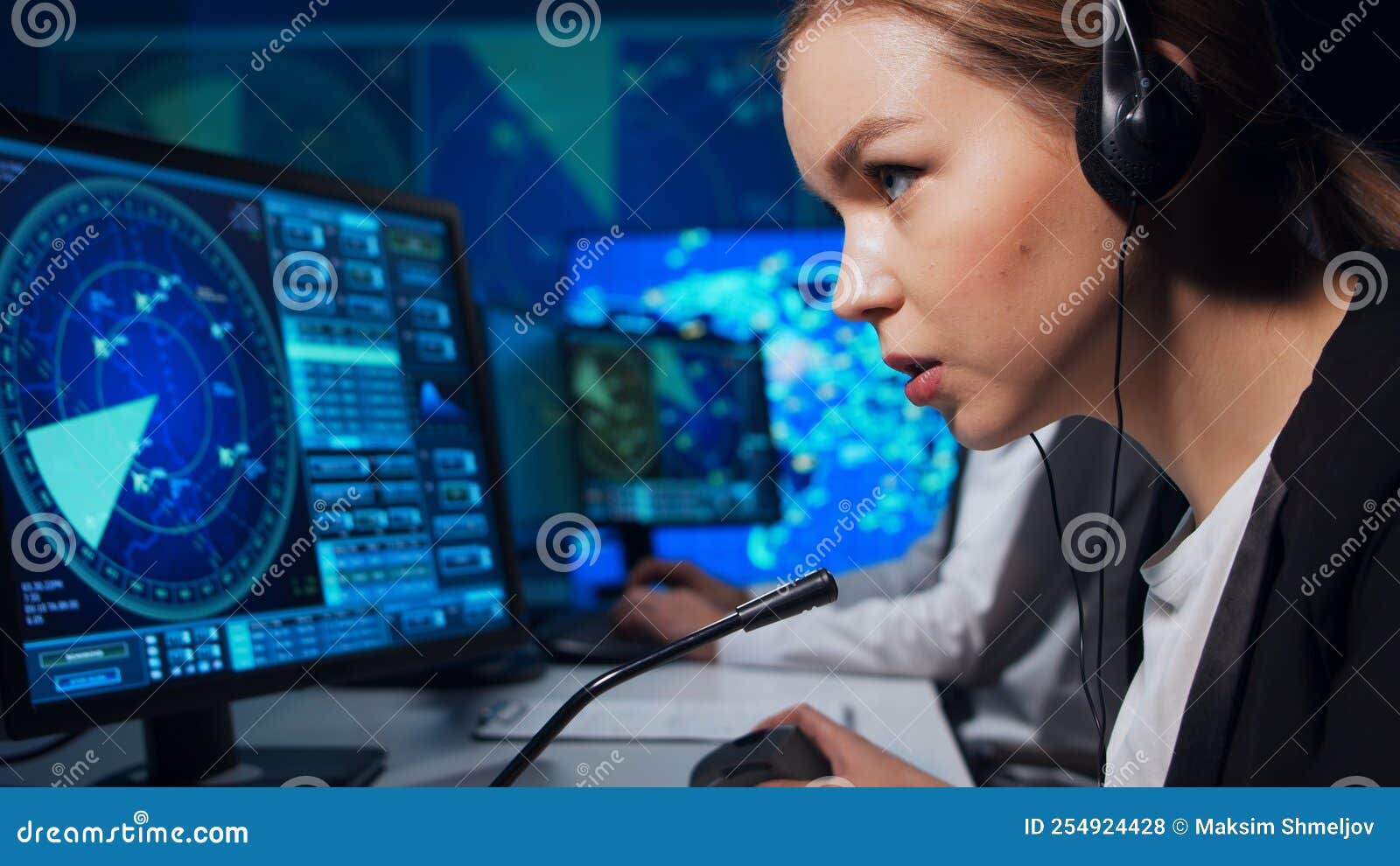 Workplace of the Air Traffic Controllers in the Control Tower. Team of ...