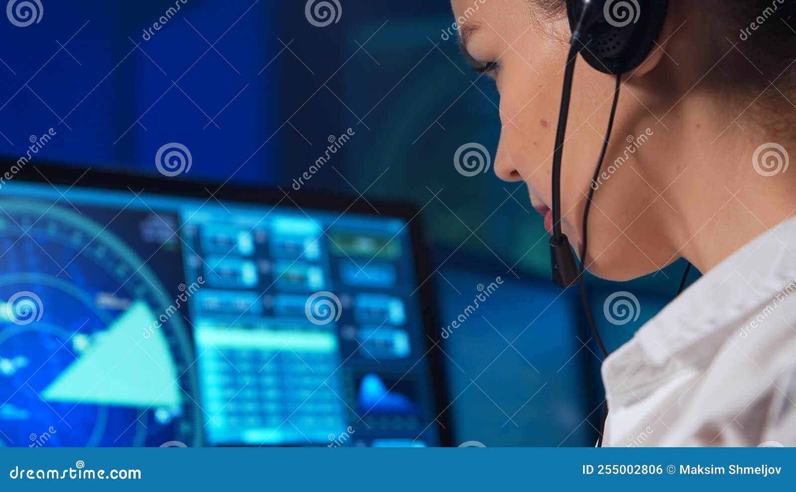 Workplace of the Air Traffic Controllers in the Control Tower. Team of ...