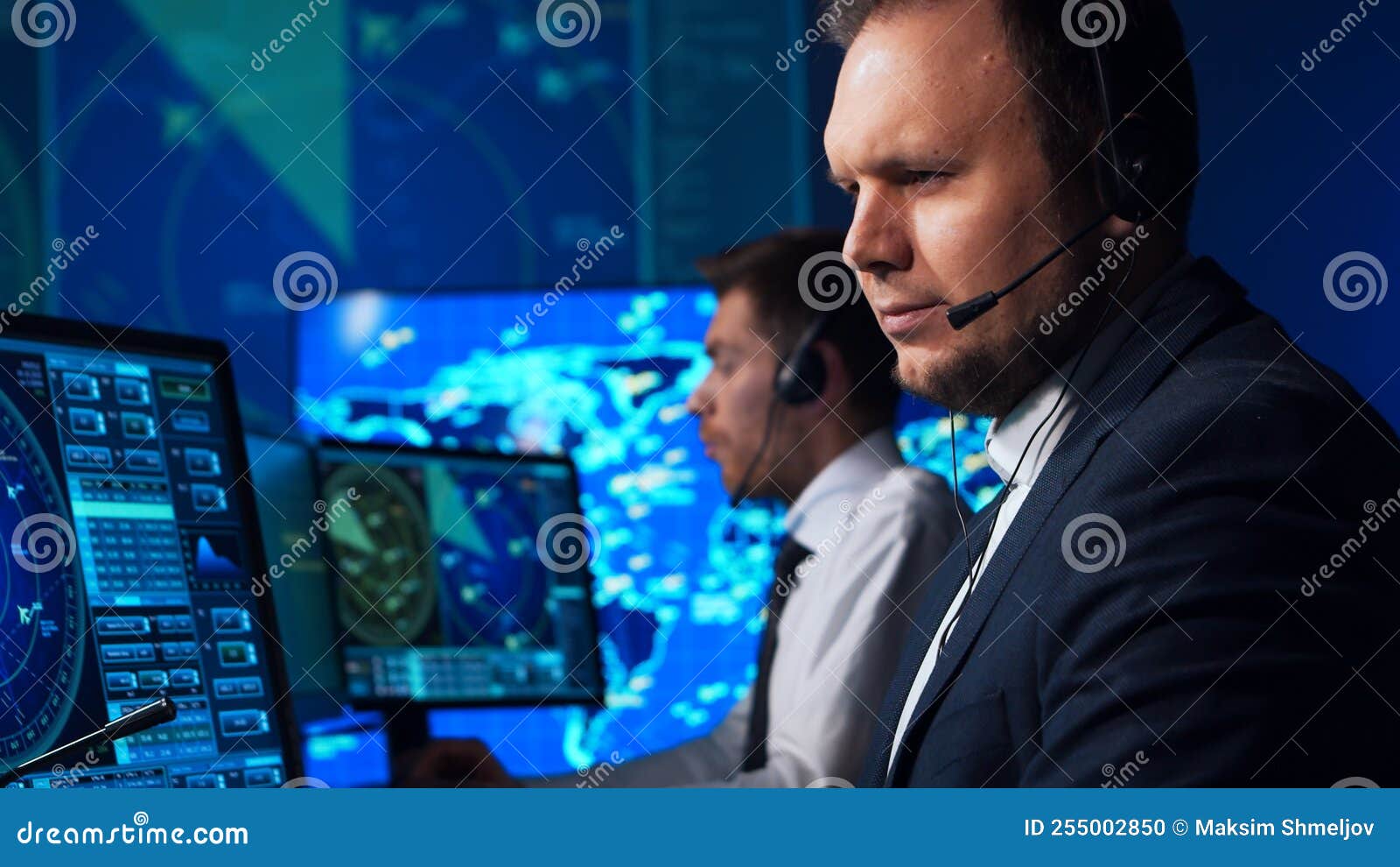 Workplace of the Air Traffic Controllers in the Control Tower. Team of ...