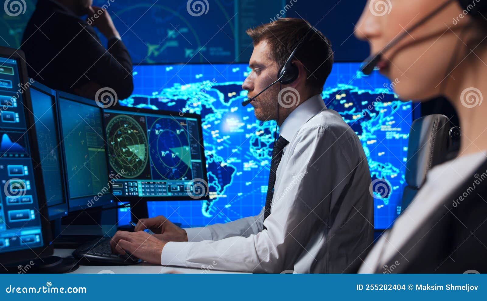 Workplace of the Air Traffic Controllers in the Control Tower. Team of ...