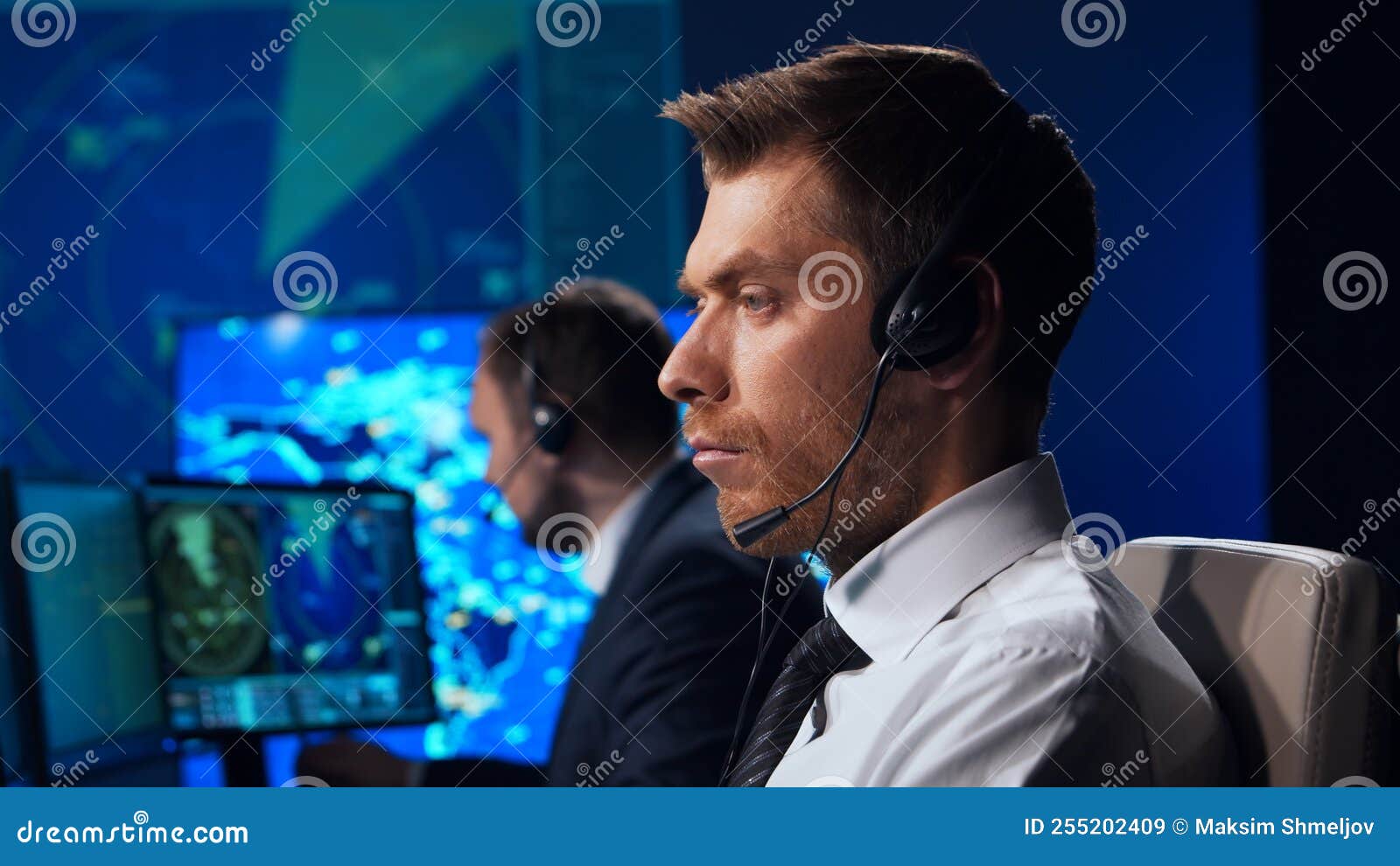 Workplace of the Air Traffic Controllers in the Control Tower. Team of ...