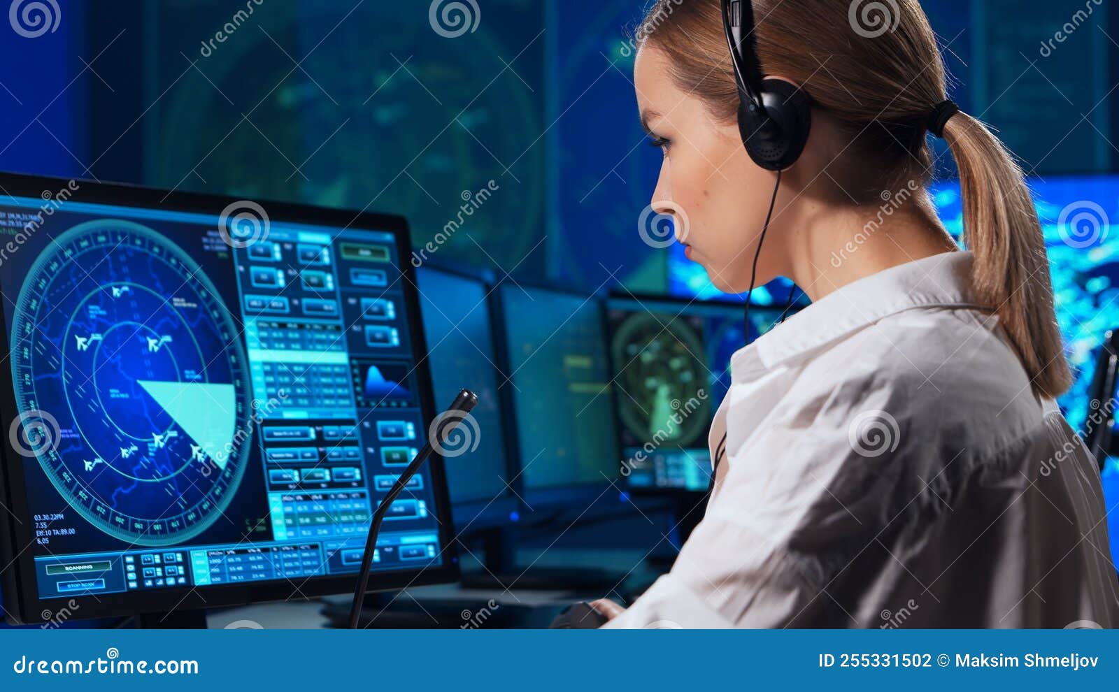 Workplace of the Air Traffic Controllers in the Control Tower. Team of ...