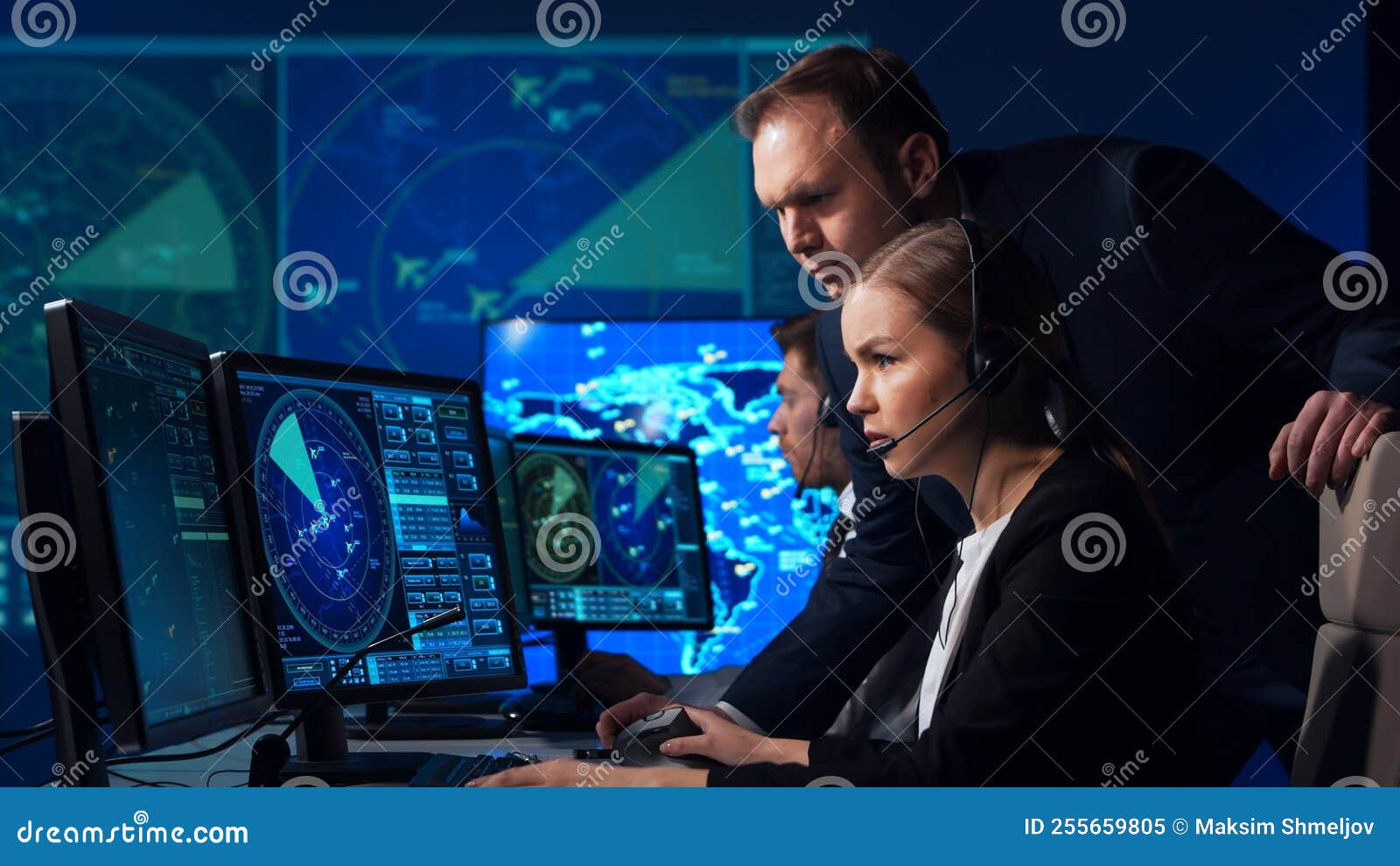 Workplace of the Air Traffic Controllers in the Control Tower. Team of ...