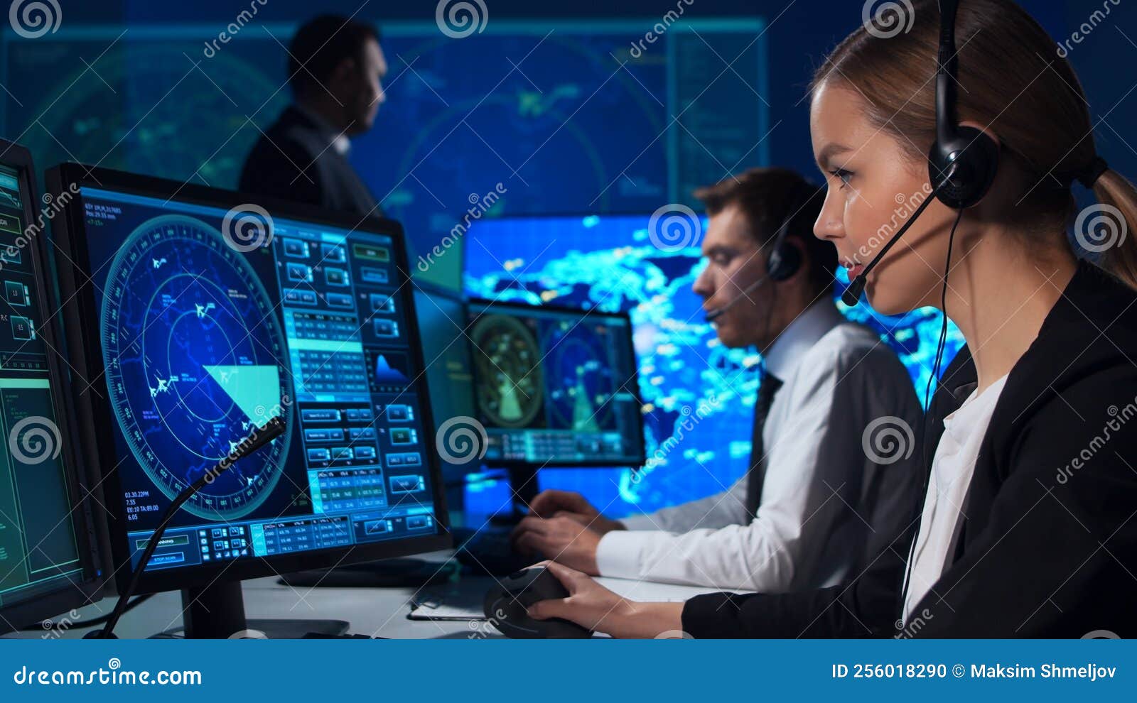 Workplace of the Air Traffic Controllers in the Control Tower. Team of ...