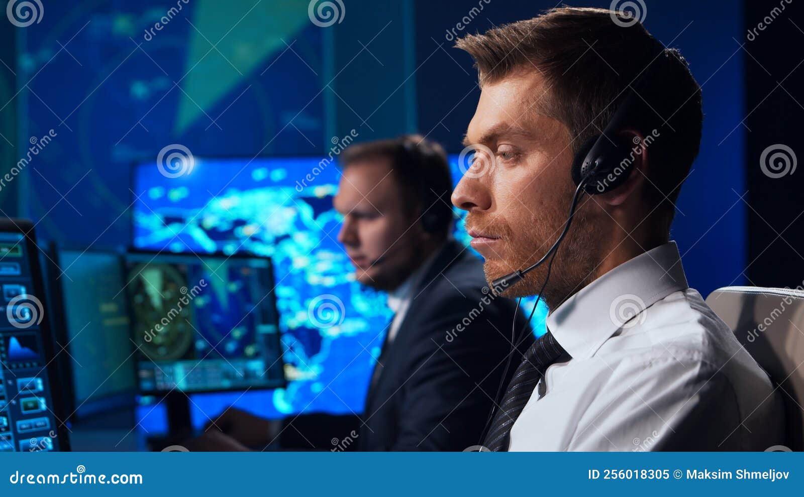 Workplace of the Air Traffic Controllers in the Control Tower. Team of ...
