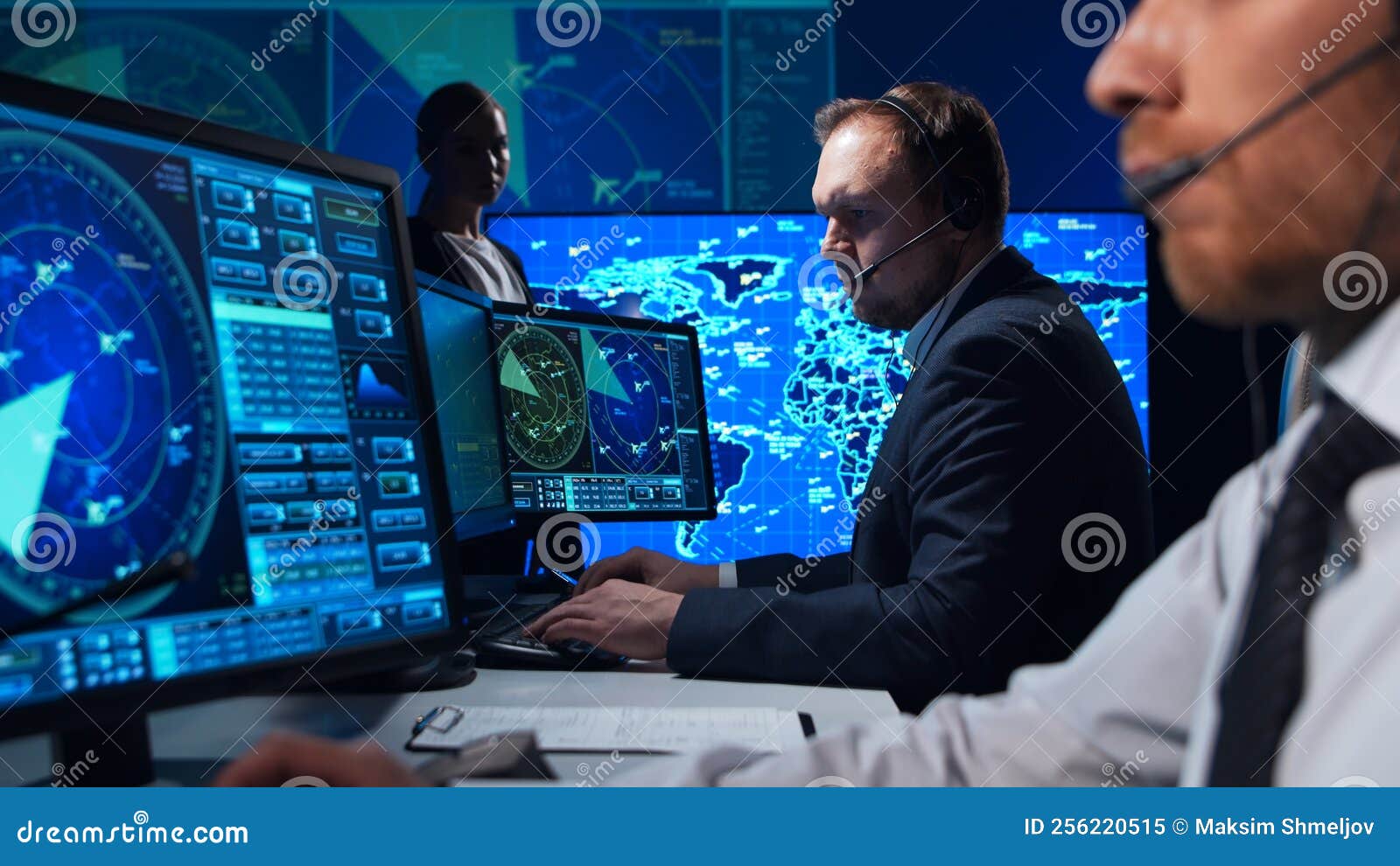 Workplace of the Air Traffic Controllers in the Control Tower. Team of ...