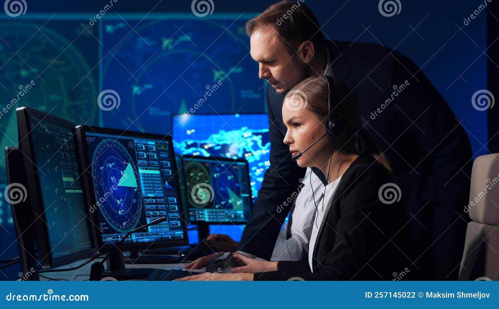 Workplace of the Air Traffic Controllers in the Control Tower. Team of ...
