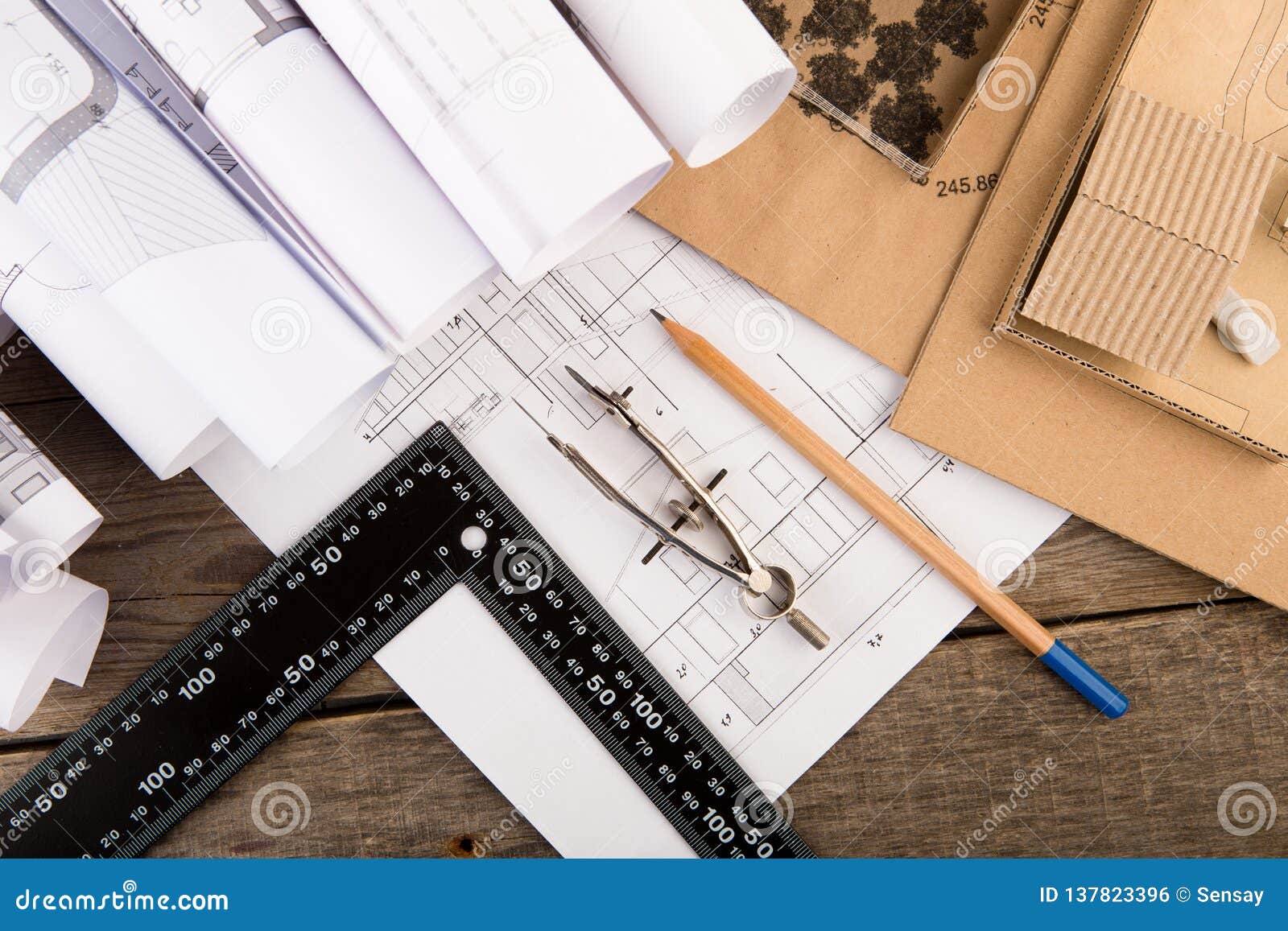 Workplace of Architect - Construction Drawings, Scale Model and Tools ...