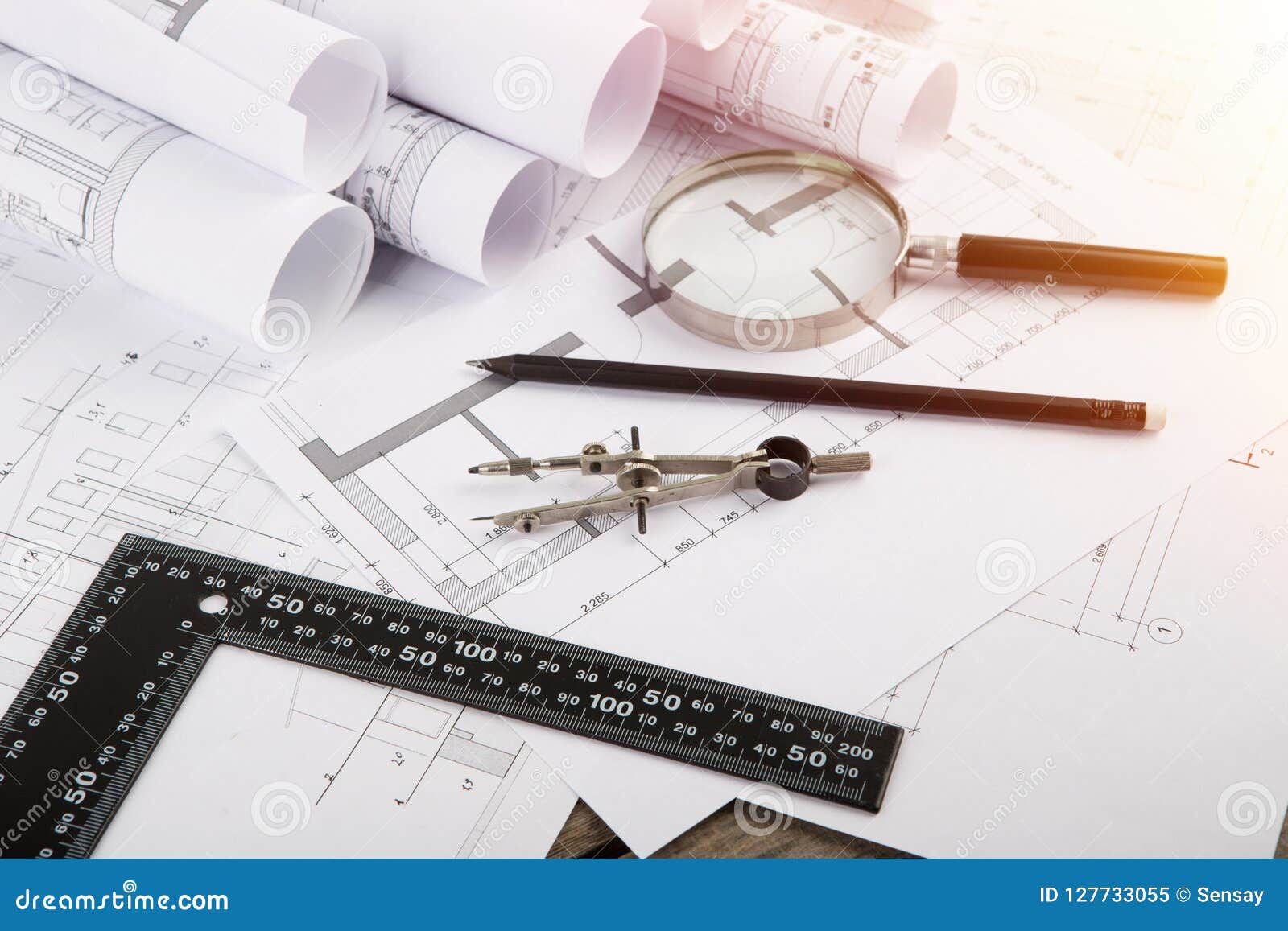 Construction Drawings And Yellow Instruments Of Royalty-Free Stock ...