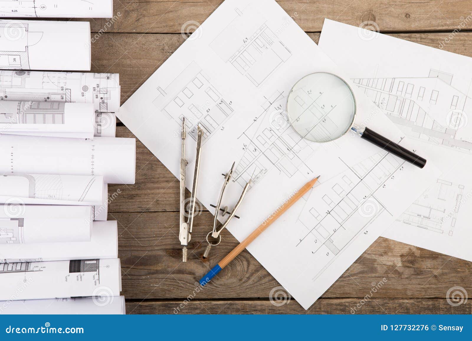 Workplace of Architect - Construction Drawings and Tools Stock Photo ...