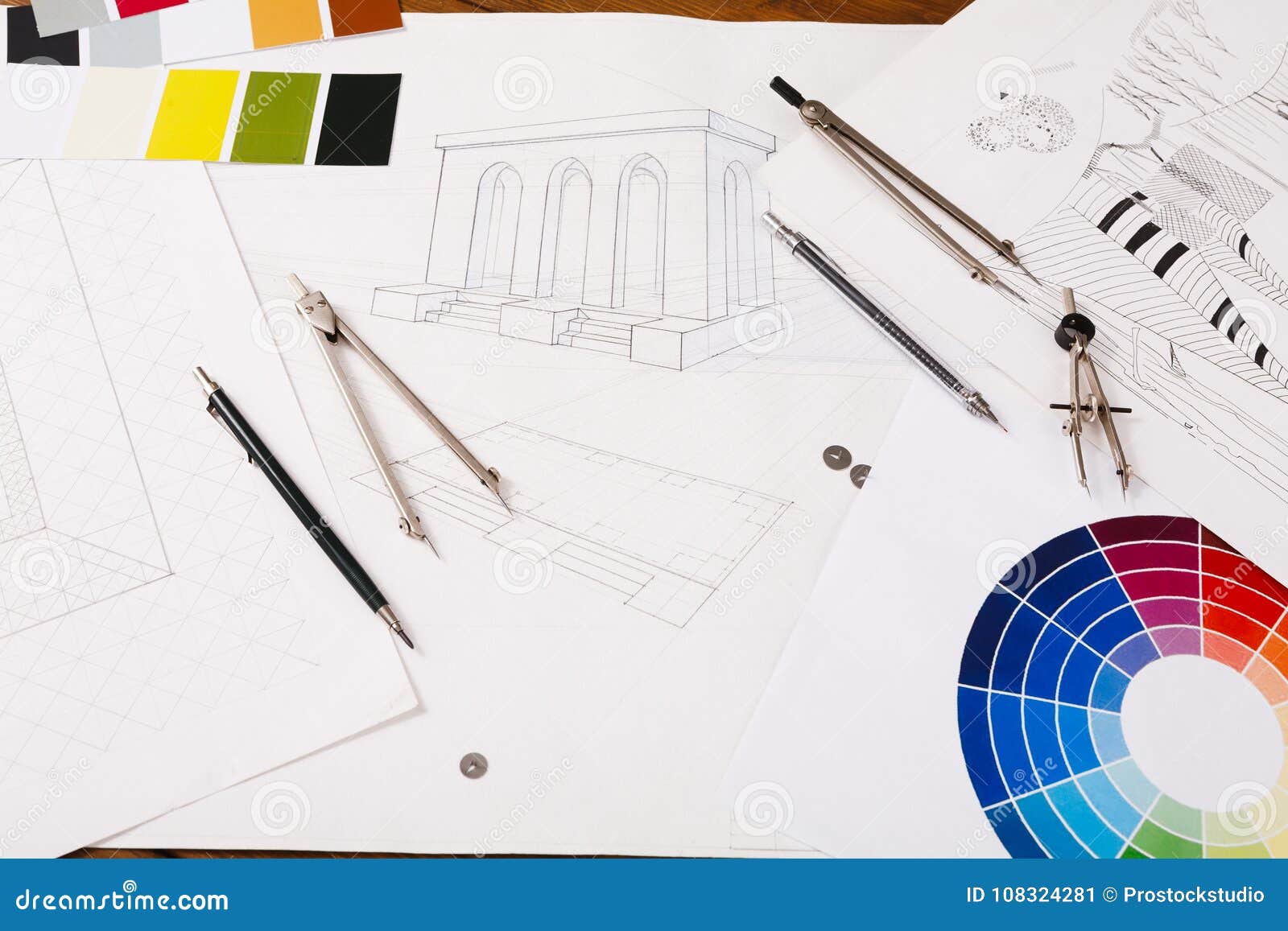 Architectural Project, Engineering Tools on Table. Stock Image - Image ...