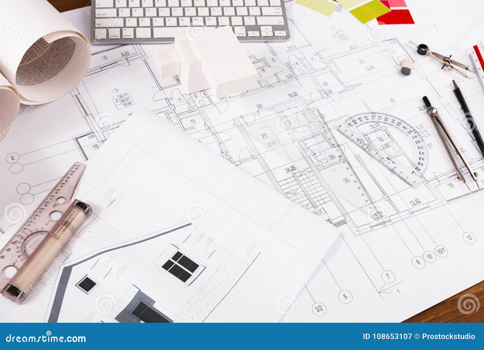 Architectural Project, Engineering Tools on Table. Stock Image - Image ...