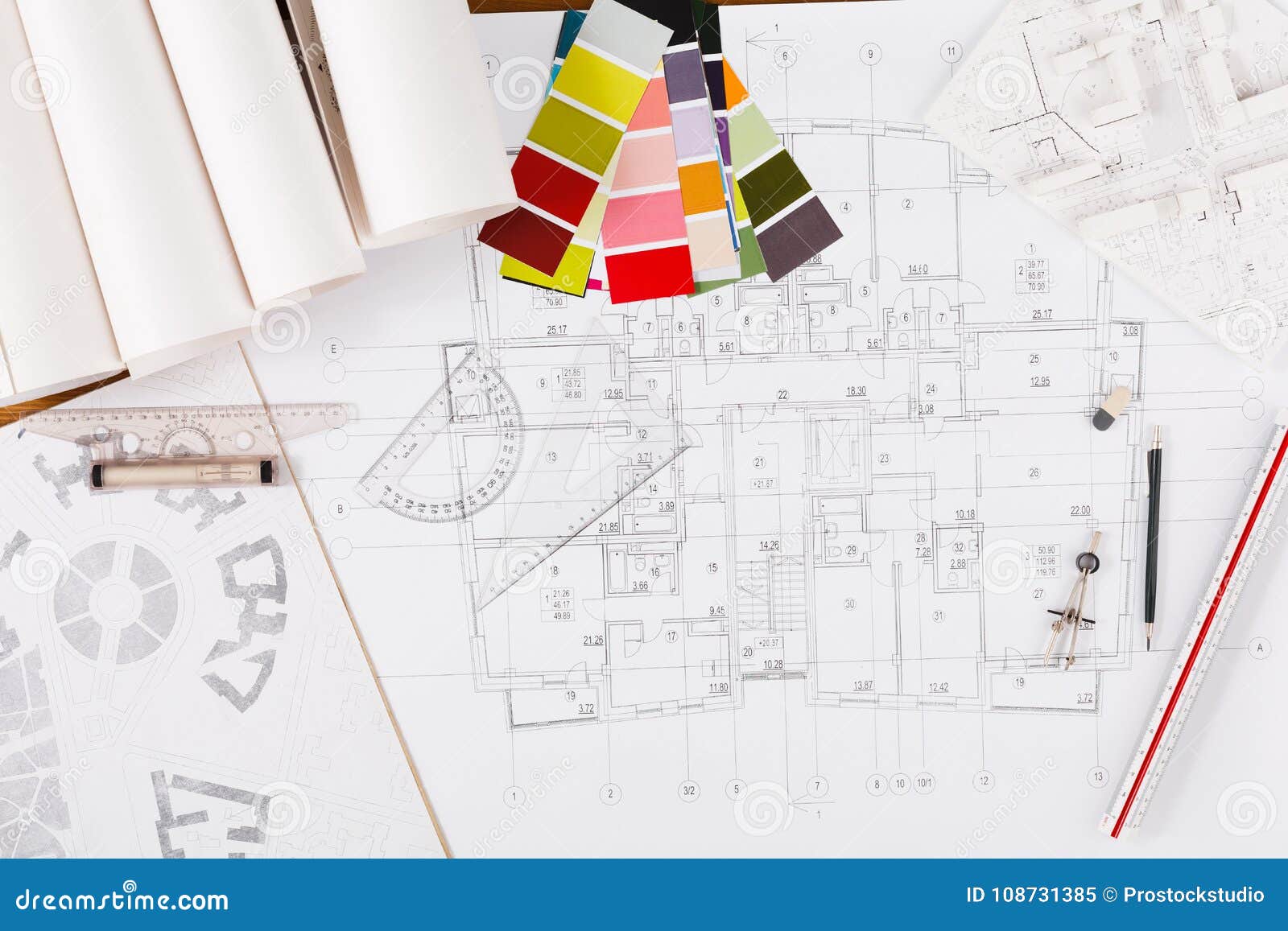 Architectural Project, Engineering Tools on Table. Stock Image - Image ...