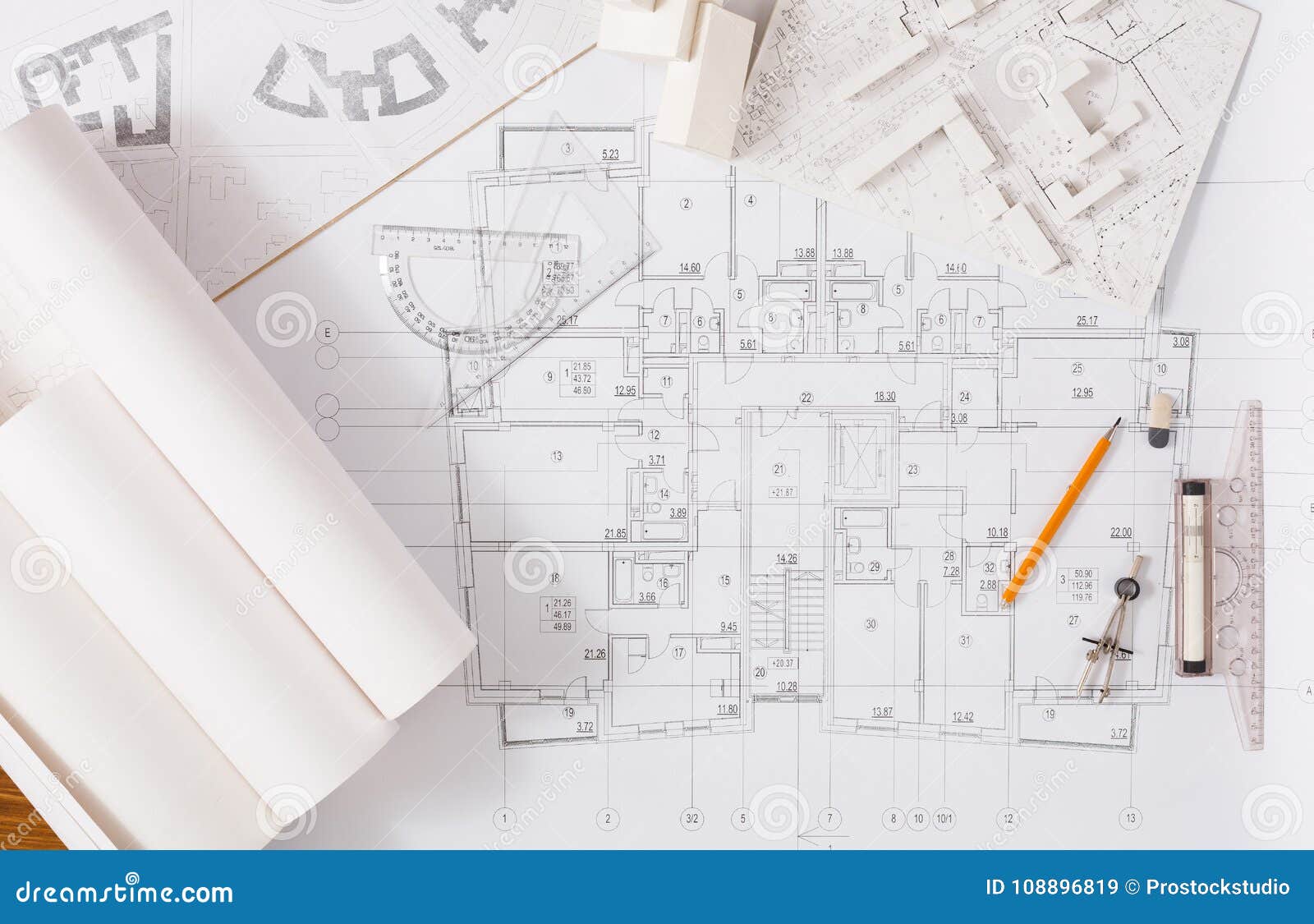 Architectural Project, Engineering Tools on Table. Stock Image - Image ...
