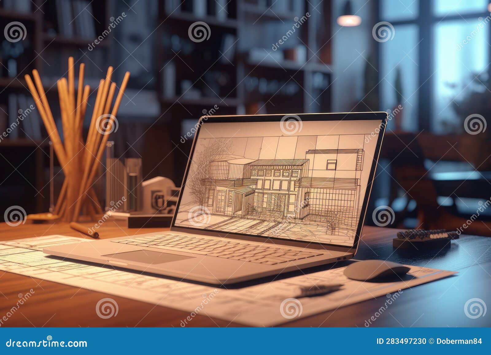 Workplace of an Architect, Interior Designer, Engineer. Laptop with a ...