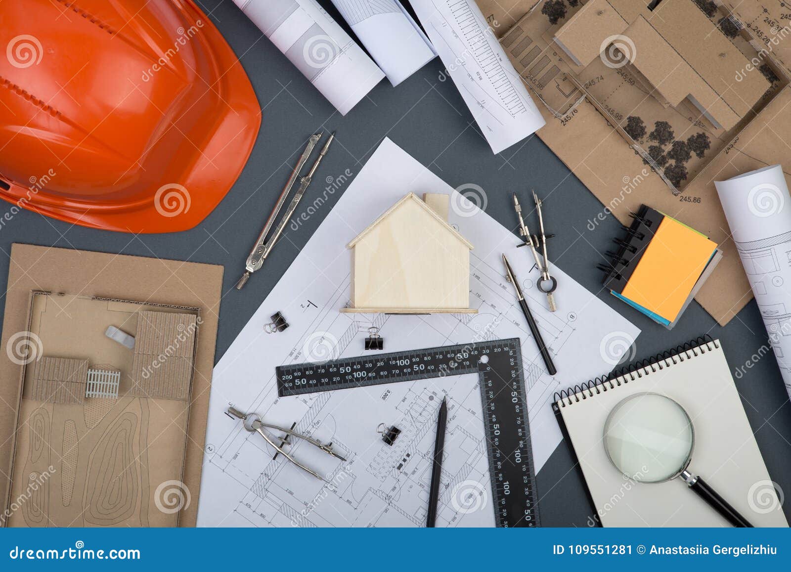 Workplace of Architect - Note Pad, Construction Drawings and ...