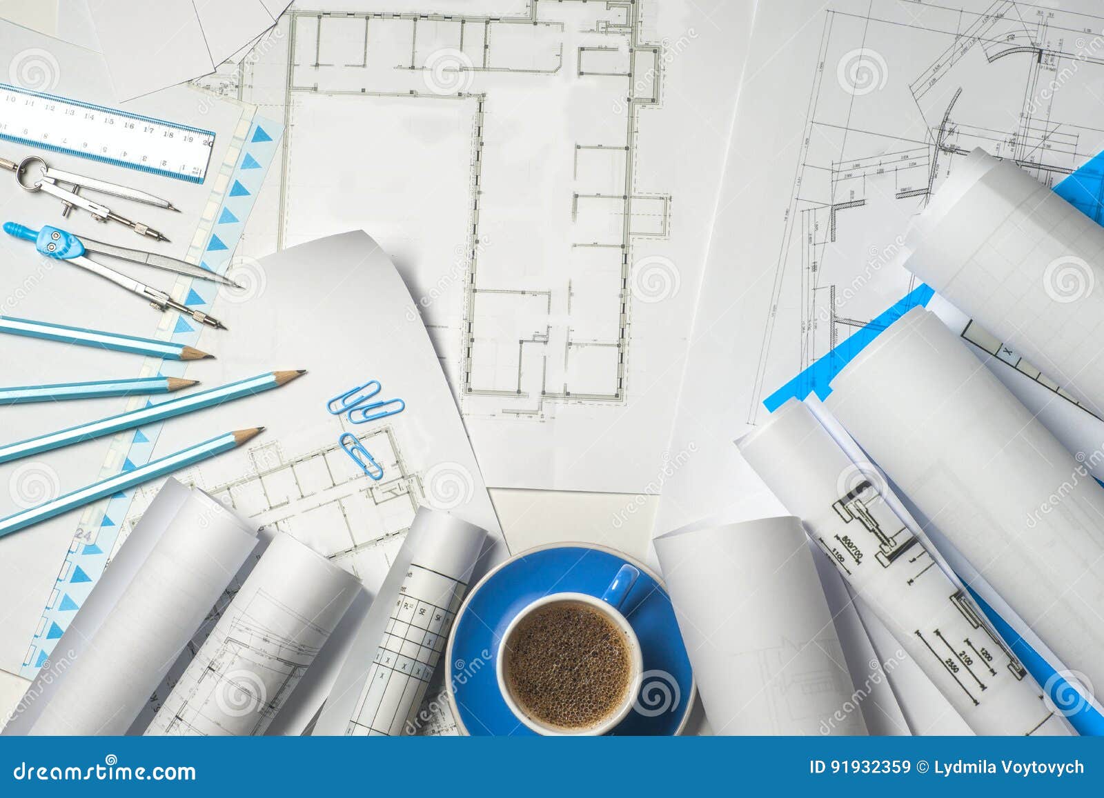 Workplace of Architect - Rolls and Plans. Stock Image - Image of ...