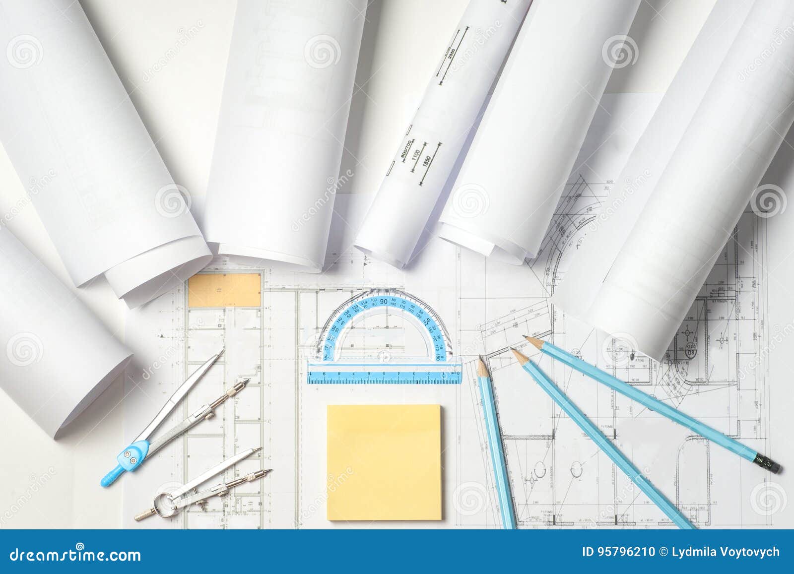 Workplace of Architect - Rolls and Plans. Stock Photo - Image of ...