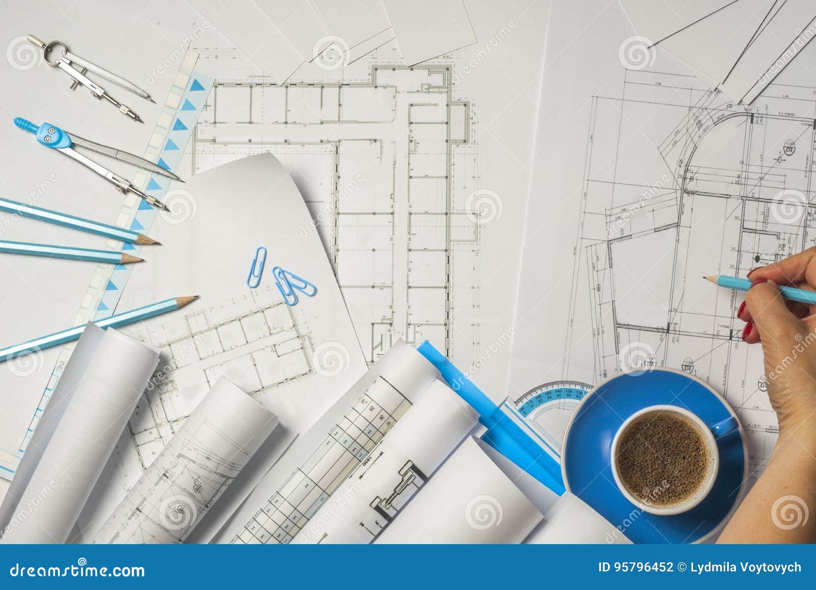 Workplace of Architect - Rolls and Plans. Stock Photo - Image of ...