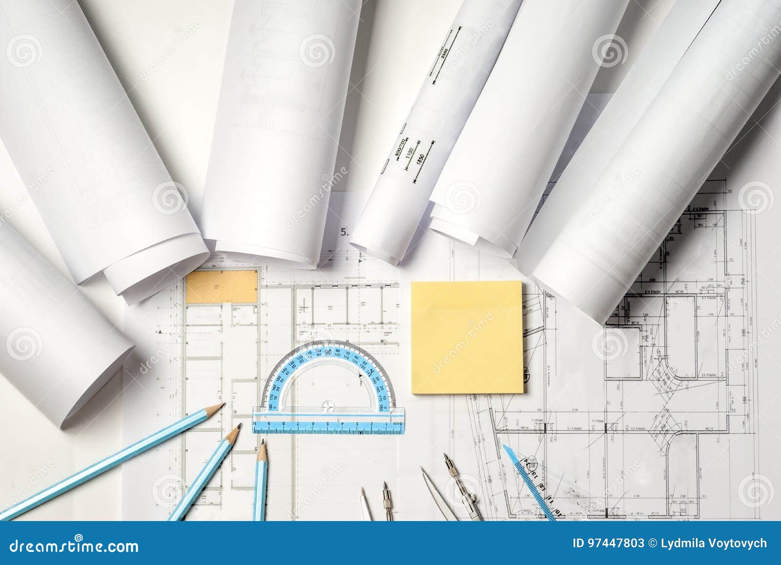 Workplace of Architect - Rolls and Plans. Stock Image - Image of paper ...