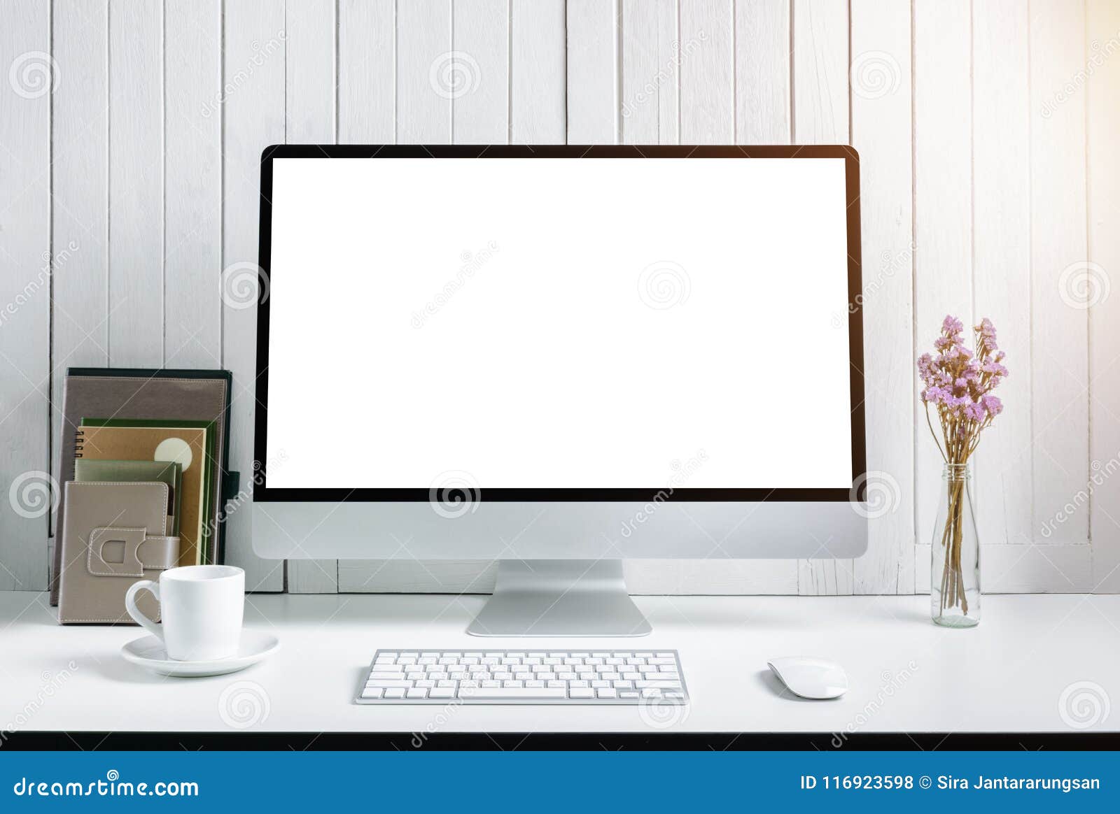 Workplace Background with Blank White Screen Modern Desktop Comp Stock ...