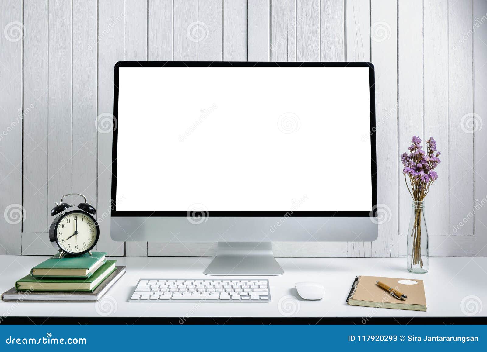 Workplace Background with Blank White Screen Modern Desktop Comp Stock ...